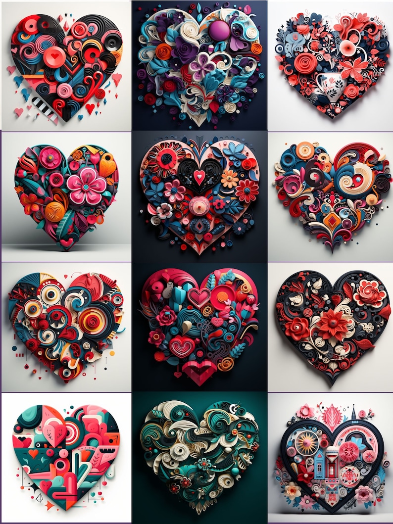 Pastel Heart PNG Bundle, Quilled Paper Heart Designs for Sublimation ...