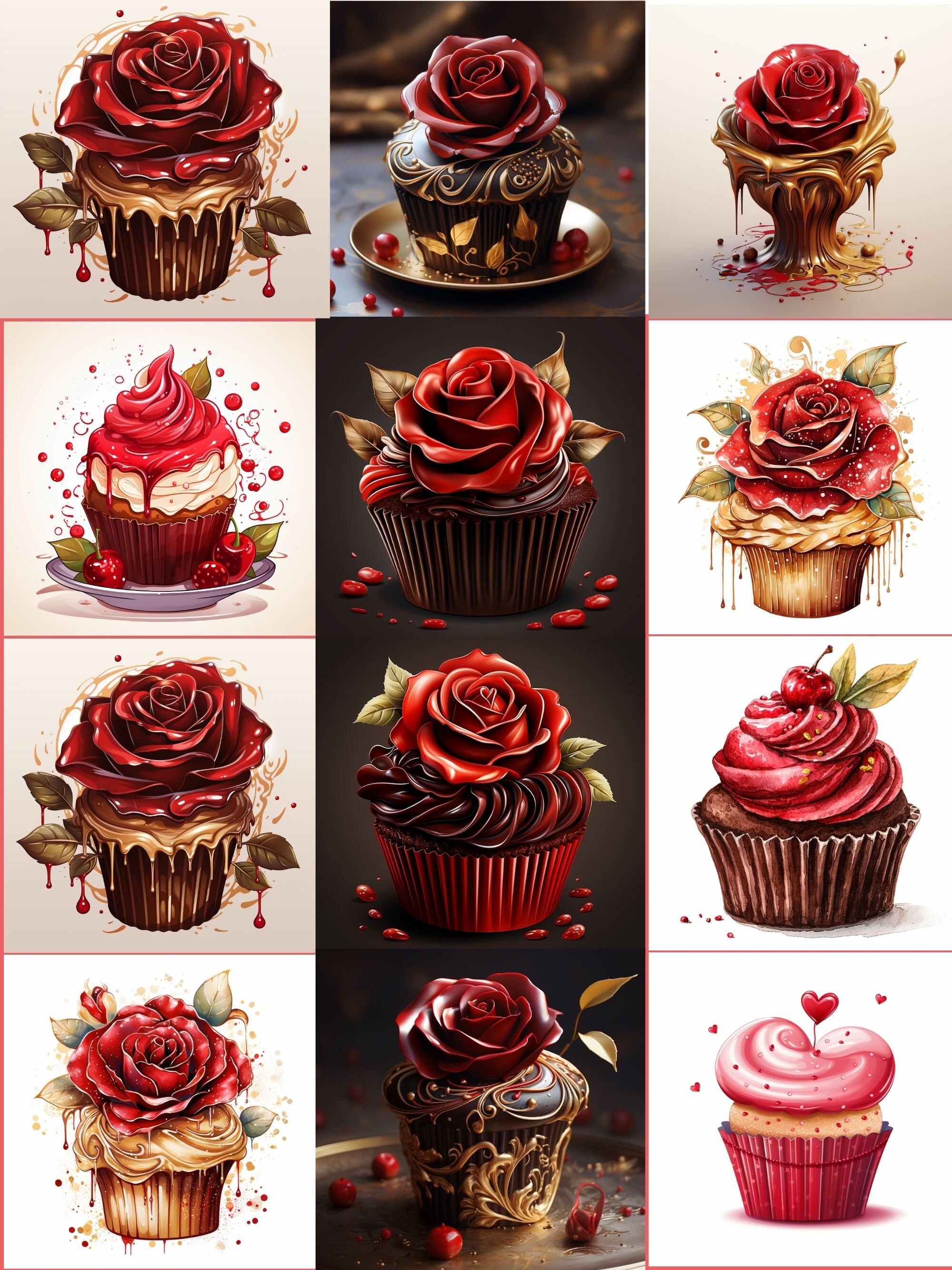Valentines Day PNG, Clipart Bundle, Gold & Red Cupcake Illustration ...