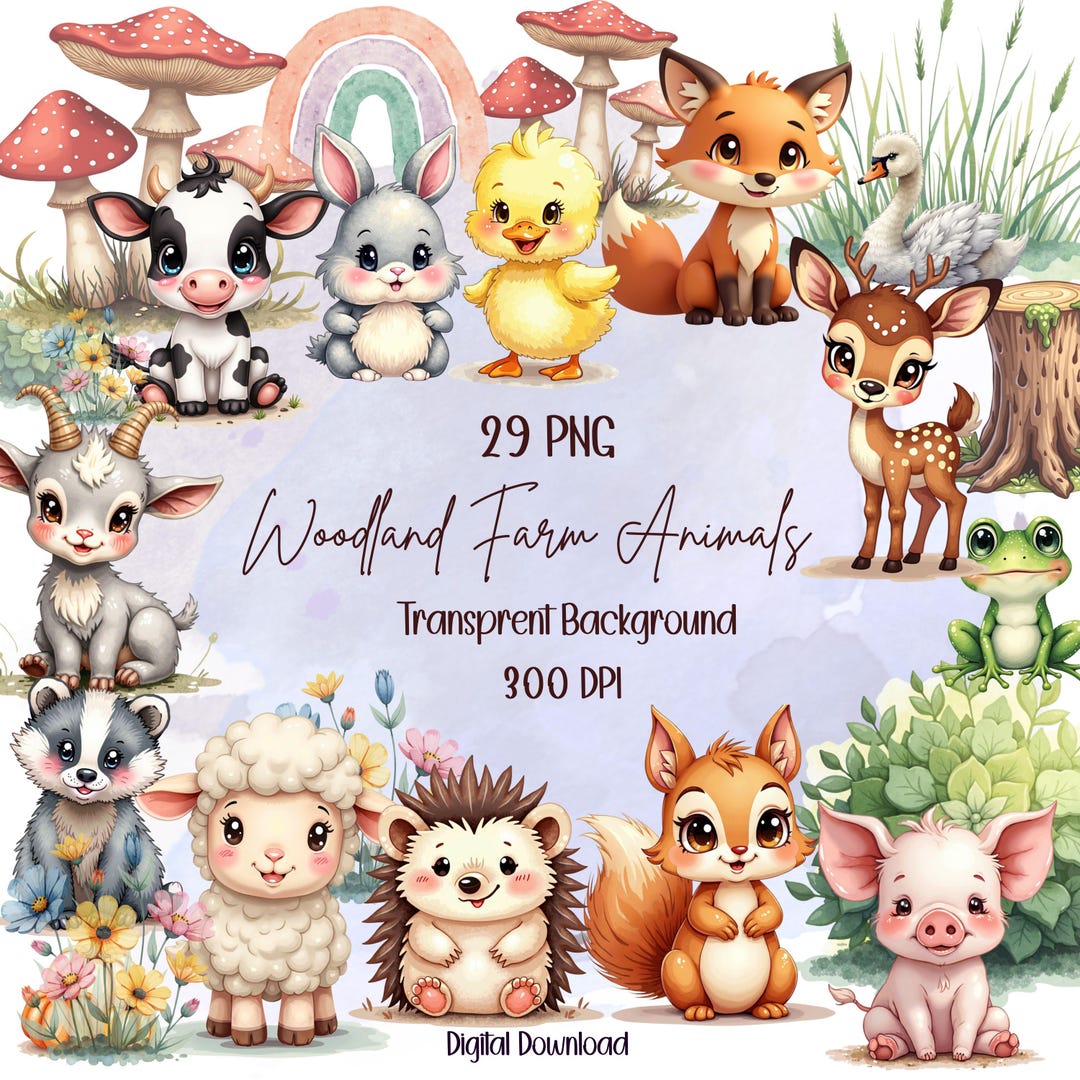 Woodland Farm Animals Clipart Bundle, 29 Cute Animal Pngs , Baby Farm ...