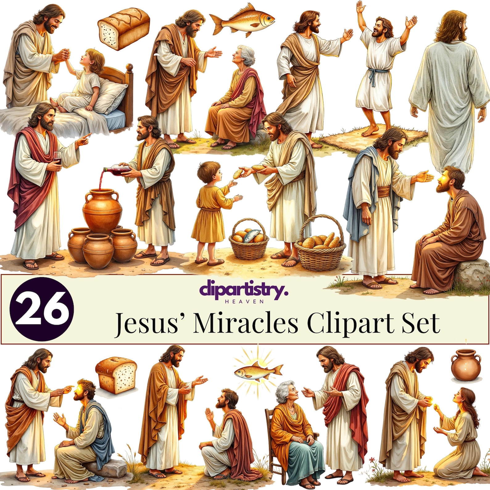 Jesus’ Miracles Clipart Set – 26 PNG Christian Graphics for Bible ...