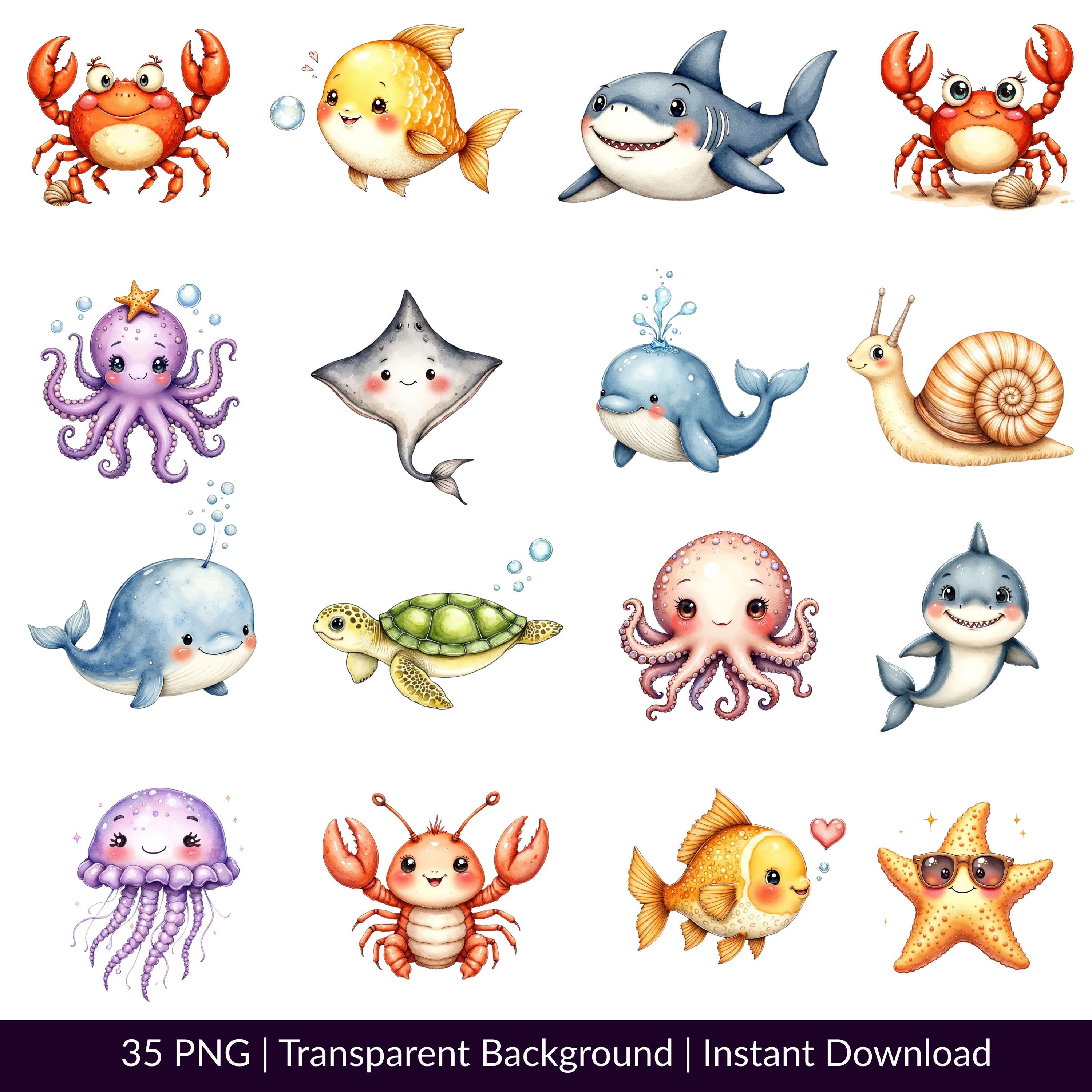 Under the Sea Animals Clipart Bundle | 35 Cute Ocean Animal Pngs | Kids ...