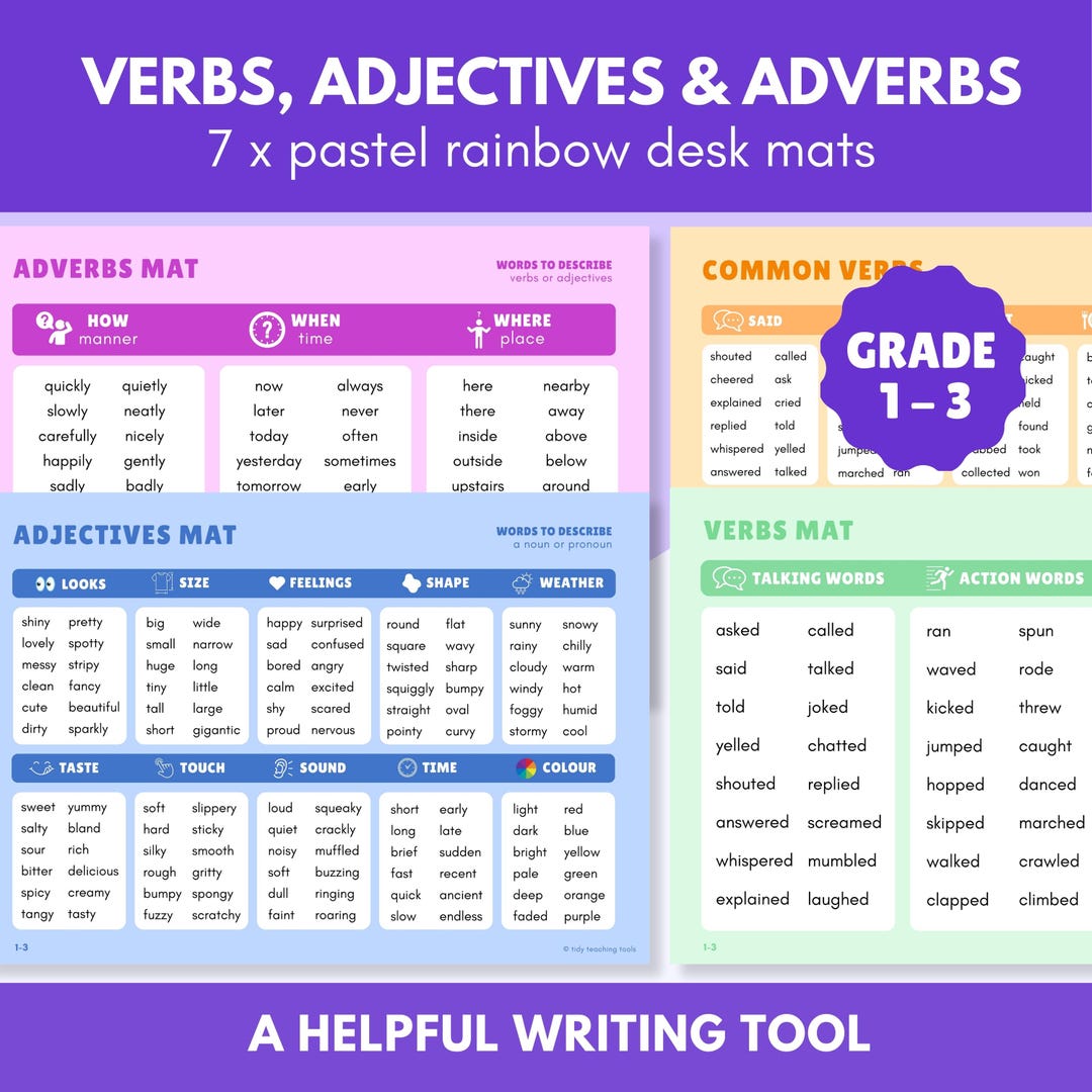 Vocabulary Writing Desk Mats: Verbs, Adjectives, Adverbs (PDF) - Etsy