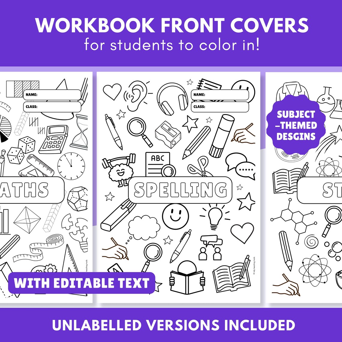 Editable Printable Workbook Covers for Students | Colour-in Subject ...