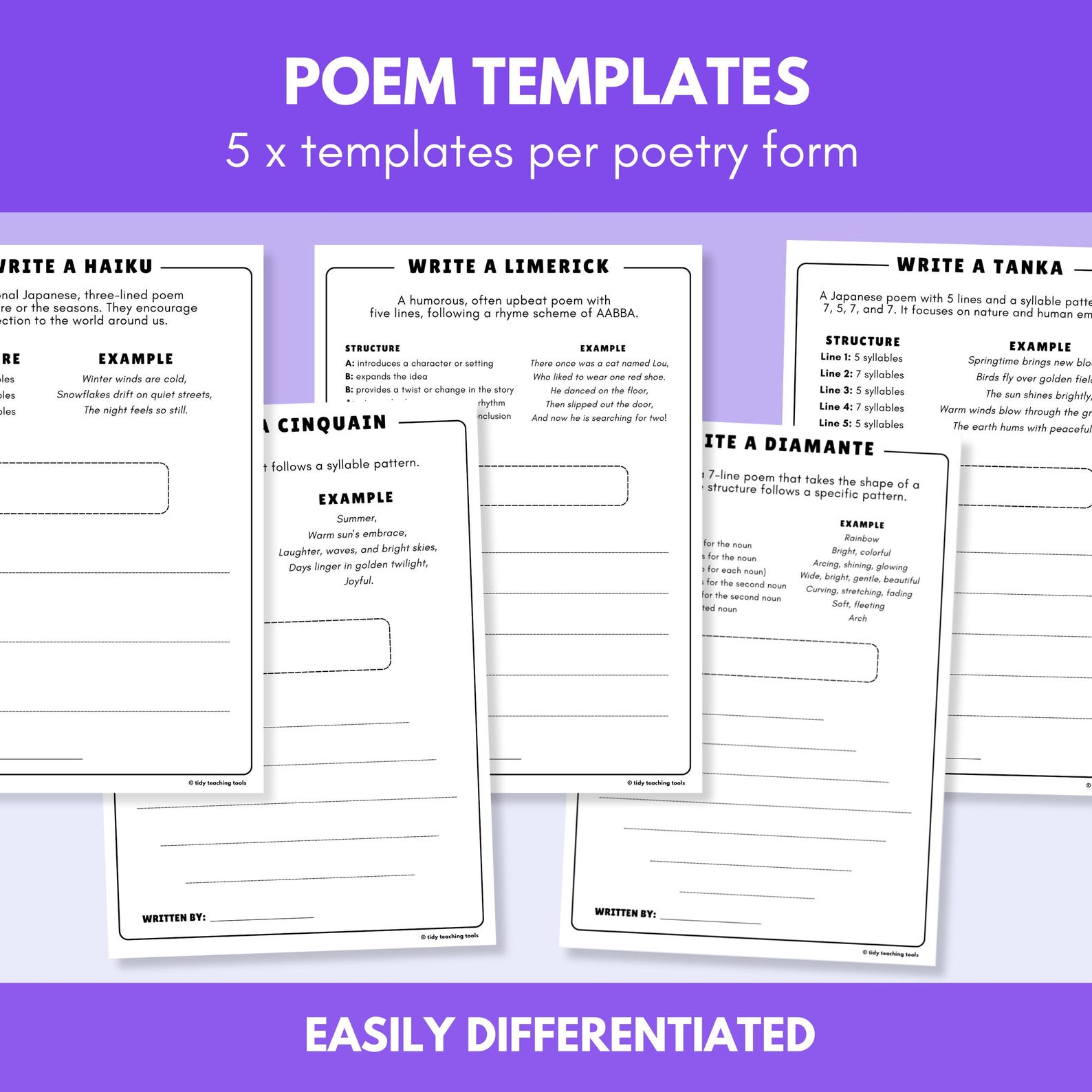 5 X Poetry Templates | Haiku, Cinquain, Limerick, Diamante + Tanka - Etsy