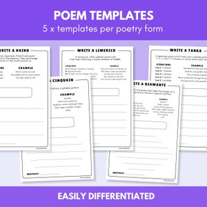 5 X Poetry Templates | Haiku, Cinquain, Limerick, Diamante + Tanka - Etsy
