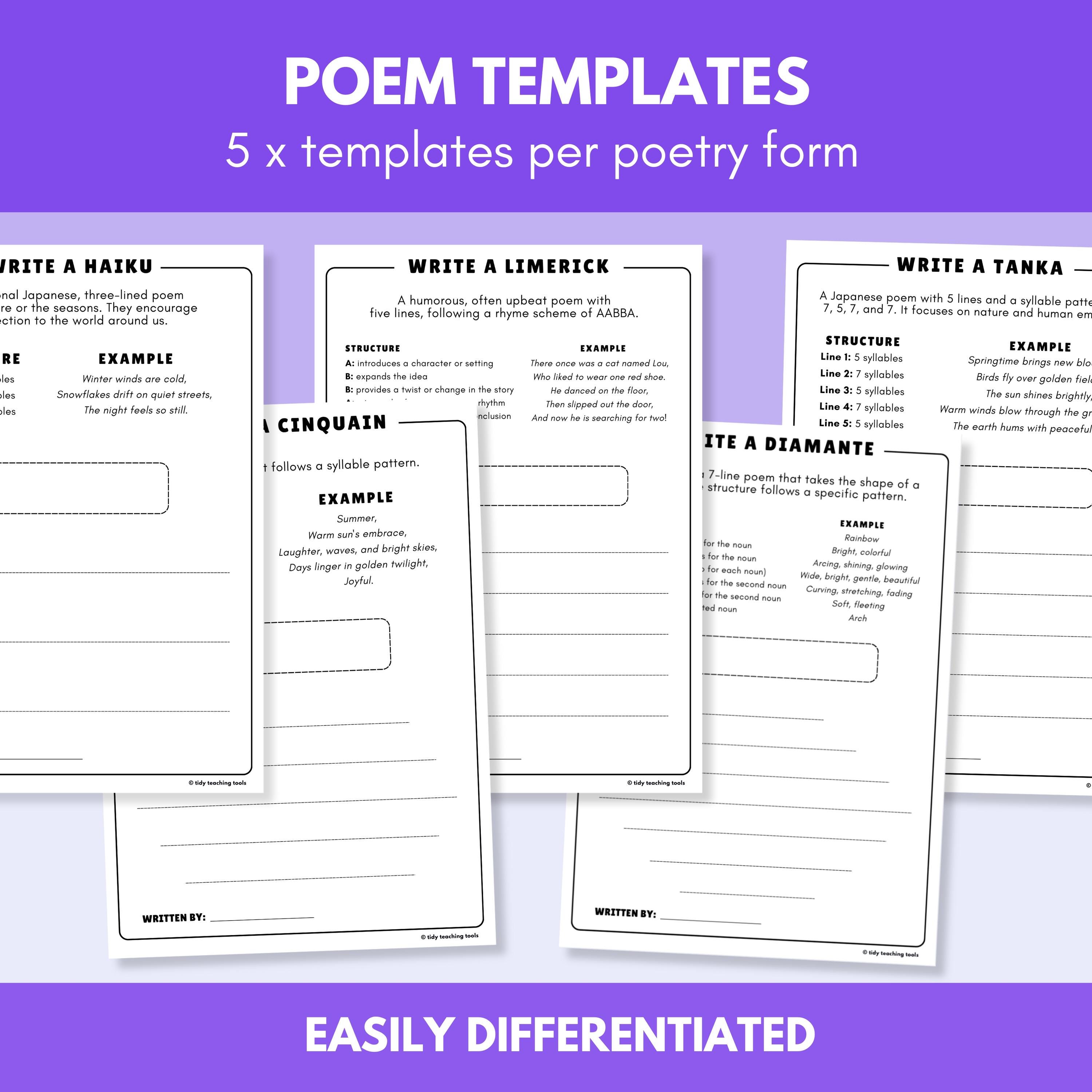 5 X Poetry Templates | Haiku, Cinquain, Limerick, Diamante + Tanka - Etsy