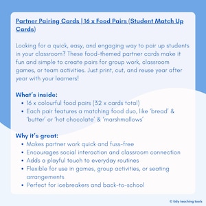 Partner Pairing Cards | 16 X Food Pairs (32 X Student Match up Cards ...