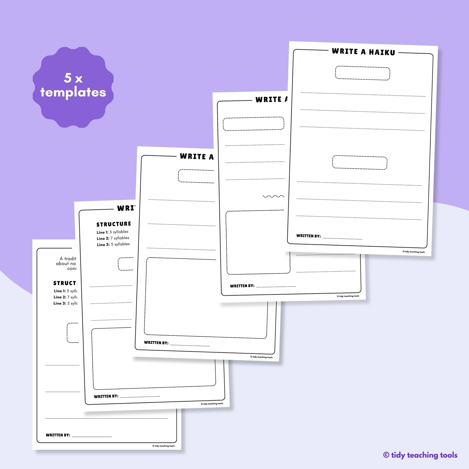 5 X Poetry Templates | Haiku, Cinquain, Limerick, Diamante + Tanka - Etsy