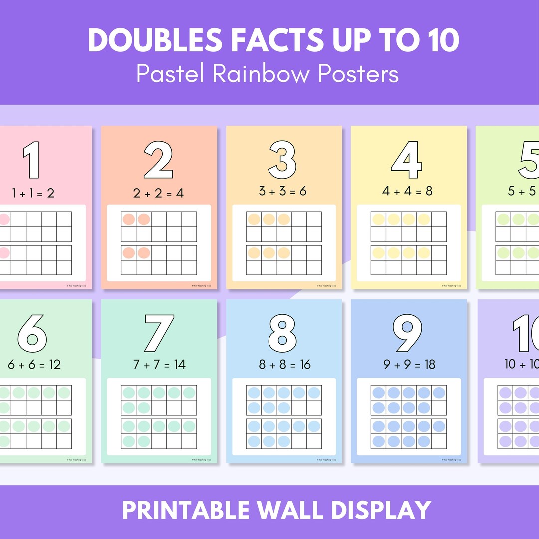 Pastel Rainbow Doubles Facts on Tens Frames | up to 10 + 10 - Etsy