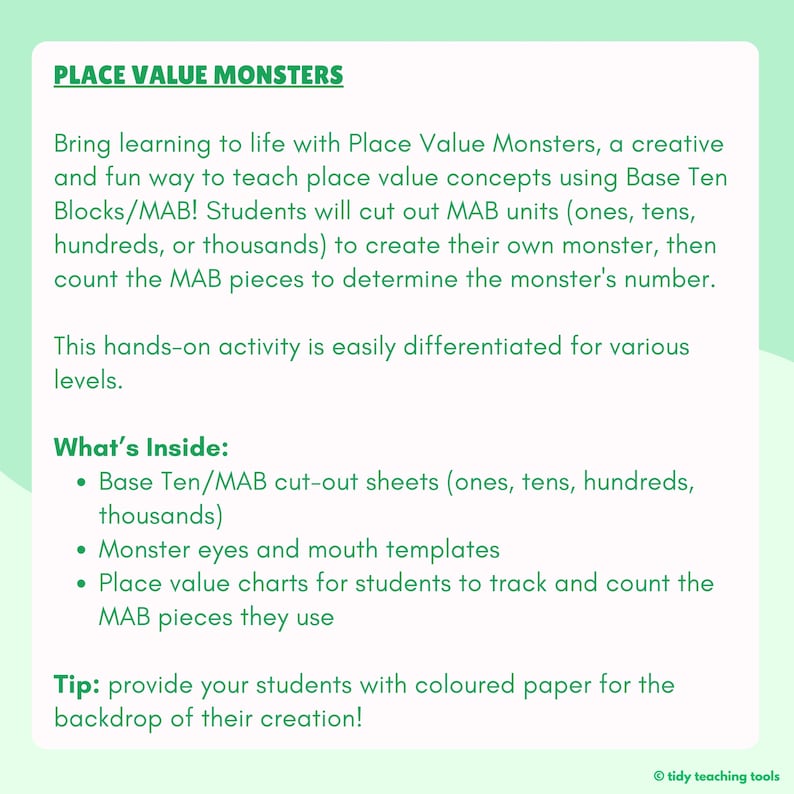 Place Value Monsters | Base Ten Blocks / MAB (low Prep Maths Craft) - Etsy