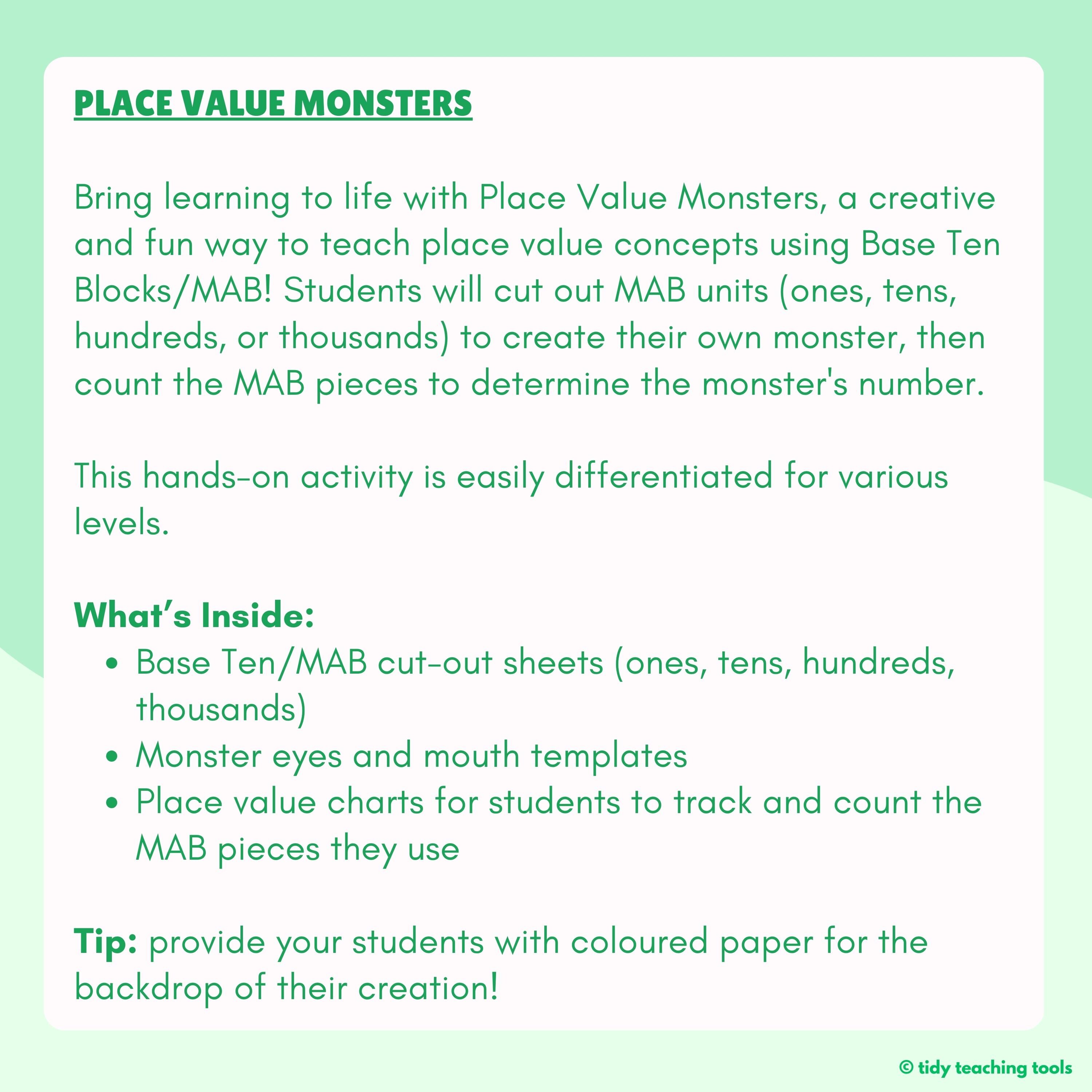 Place Value Monsters | Base Ten Blocks / MAB (low Prep Maths Craft) - Etsy