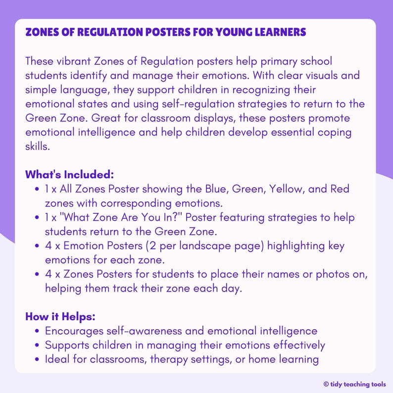 Zones of Regulation Posters for Young Learners - Etsy
