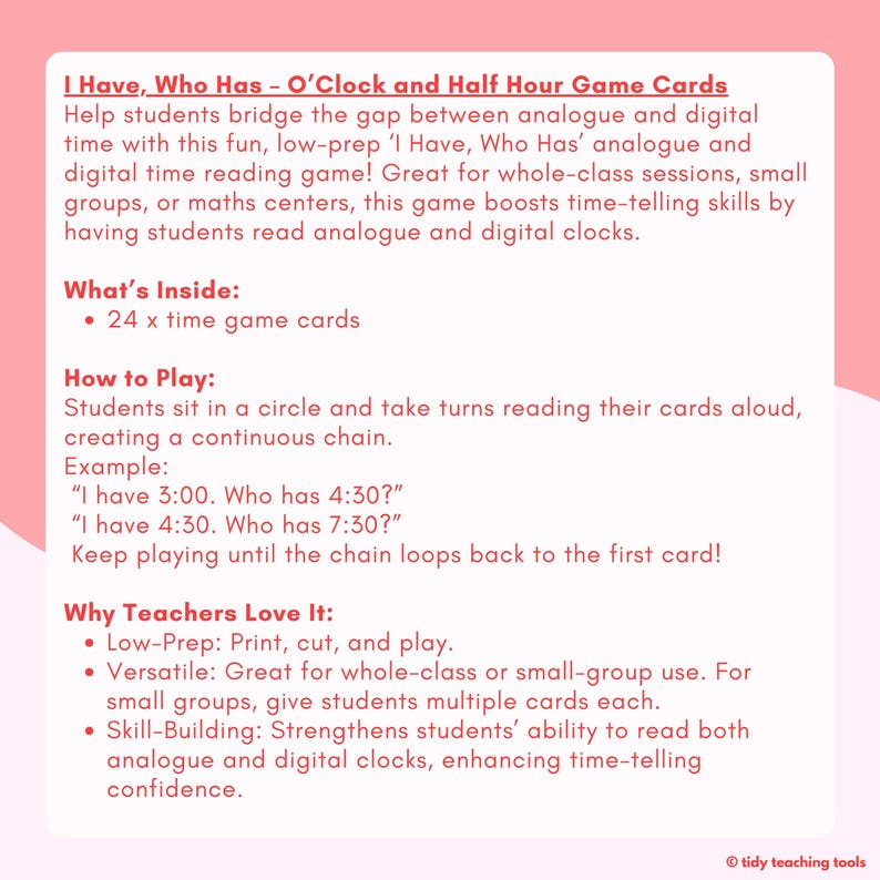 I Have, Who Has | O’clock and Half Hour Times - Etsy