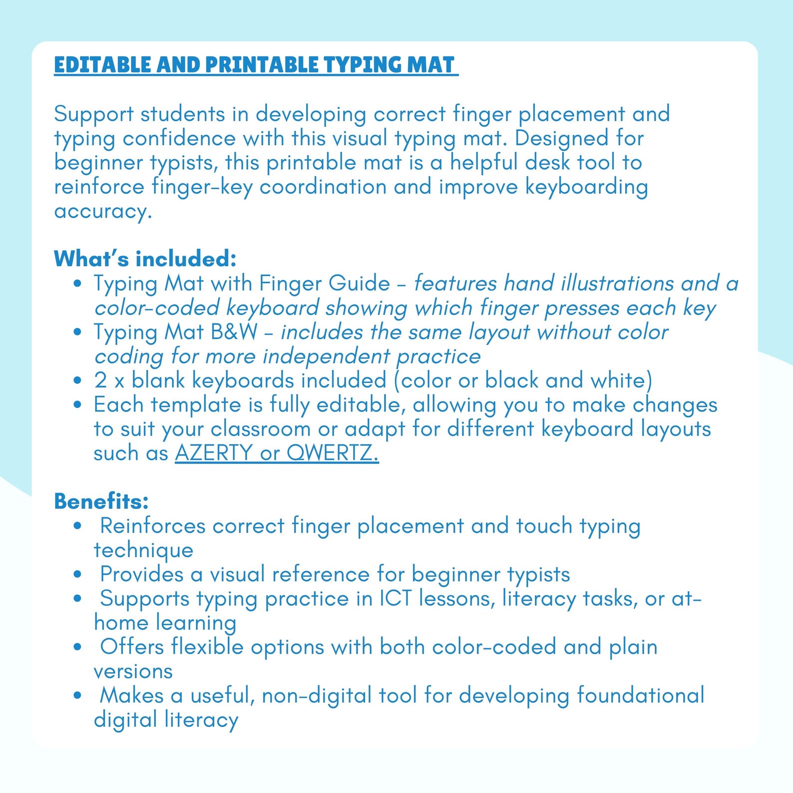 Editable and Printable Typing Mat for Kids | Keyboard Finger Placement ...