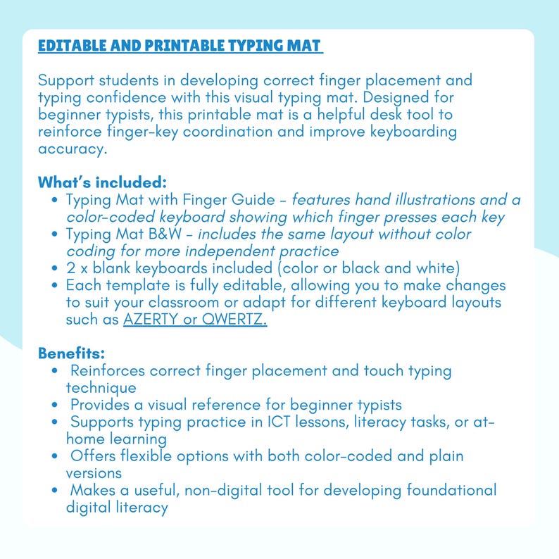 Editable and Printable Typing Mat for Kids | Keyboard Finger Placement ...