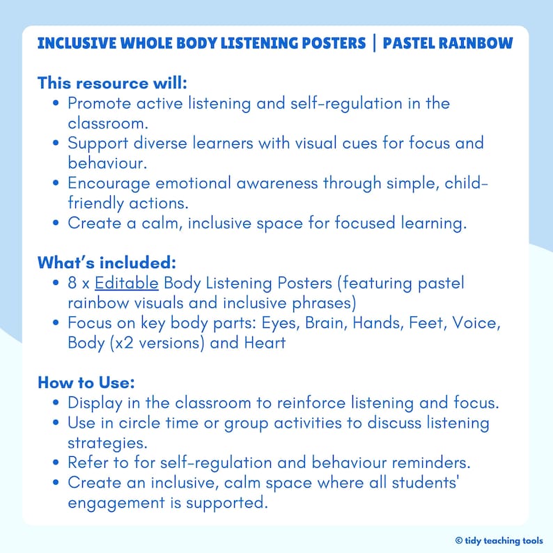 Editable Inclusive Whole Body Listening Posters | Pastel Rainbow - Etsy UK