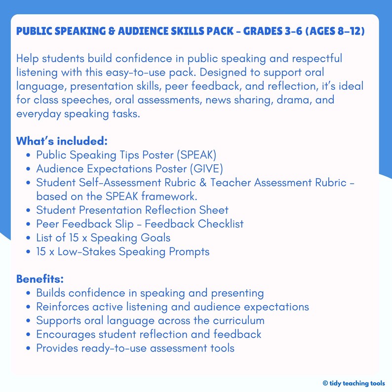 Public Speaking & Audience Skills Pack – Grades 3–6 (ages 8-12) - Etsy