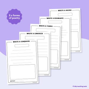 5 X Poetry Templates | Haiku, Cinquain, Limerick, Diamante + Tanka - Etsy