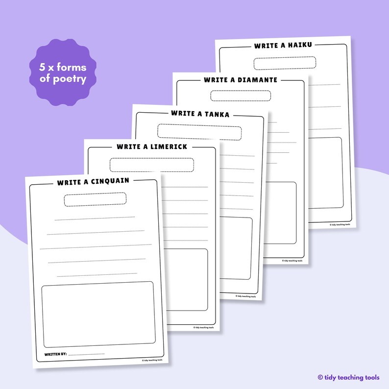 5 X Poetry Templates | Haiku, Cinquain, Limerick, Diamante + Tanka - Etsy