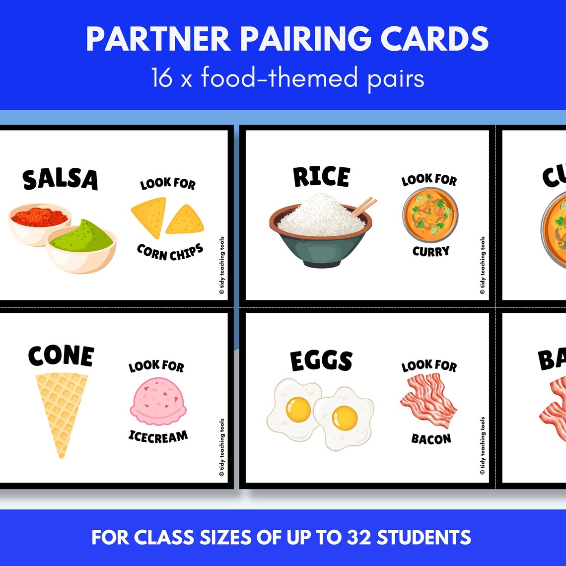 Partner Pairing Cards | 16 X Food Pairs (32 X Student Match up Cards ...