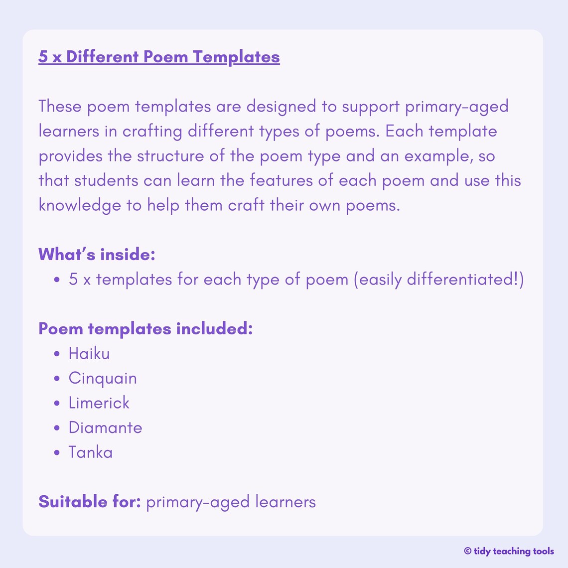 5 X Poetry Templates | Haiku, Cinquain, Limerick, Diamante + Tanka - Etsy