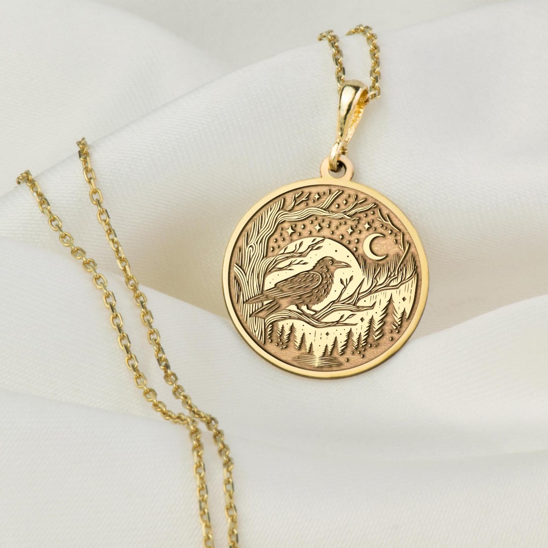 14K Gold Crow Medallion Necklace: Gothic Raven Jewelry - Etsy
