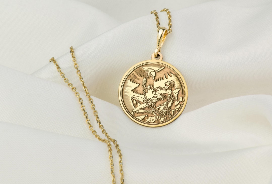 14K Solid Gold Prometheus Necklace, God of Fire Pendant, Silver Titan ...