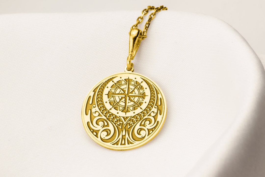 14K Solid Gold Compass Pendant, Compass With Maori Design, Polynesian ...