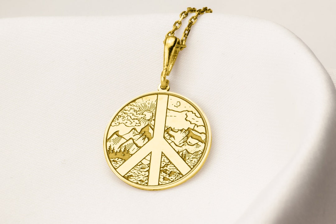 14K Solid Gold Peace Symbol With Nature Landscape Necklace, Rose Gold ...
