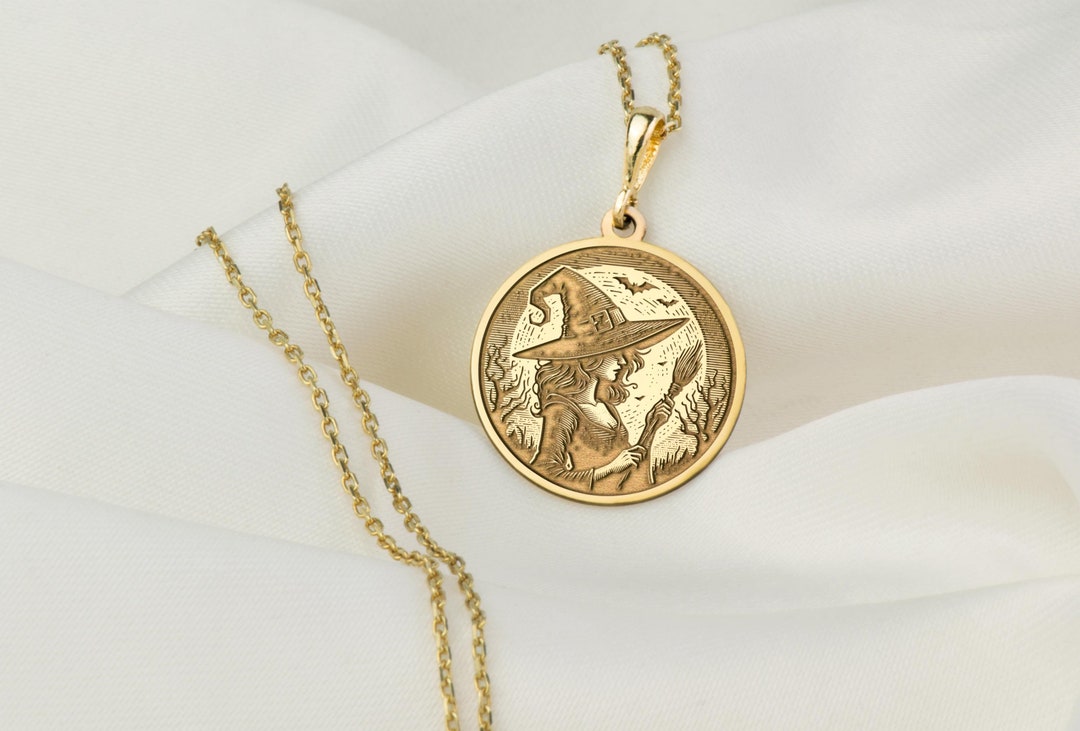 14K Solid Gold Witch Necklace, Women Rose Gold Witch Pendant ...