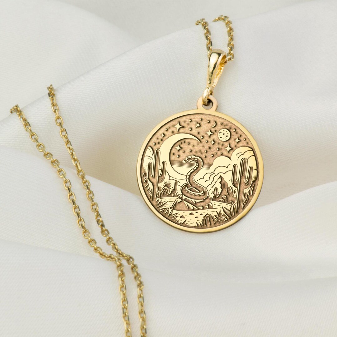 14K Solid Gold Snake Necklace, Serpent Medallion, Rose Gold Animal ...
