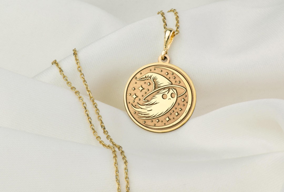 14K Solid Gold Ghost Necklace, Celestial Ghost Pendant, Cute Ghost With ...