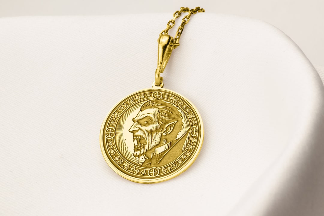 14K Solid Gold Dracula Necklace, Mysterious Gothic Vampire Medallion ...