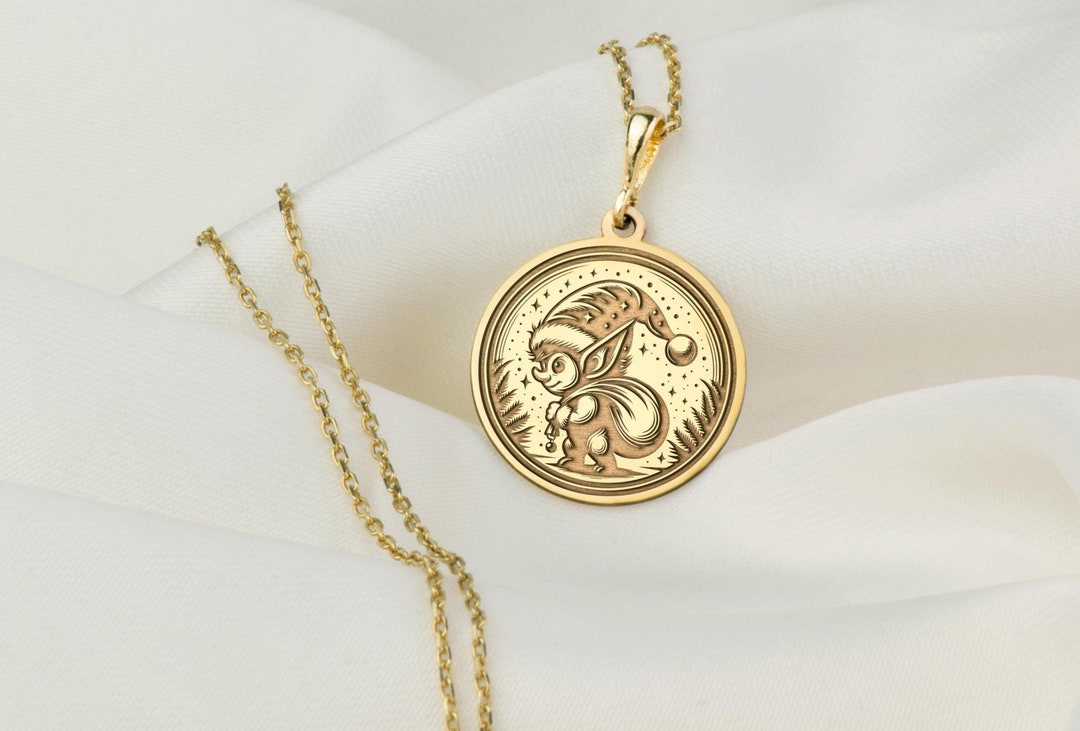 14K Solid Gold Christmas Elf Necklace, Elf Medallion, Elf With a Gift ...