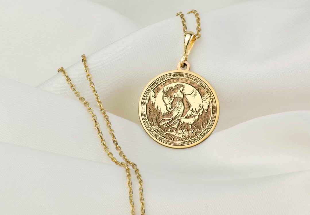14K Solid Gold Artemis Charm Necklace, Mythological Goddess Pendant ...