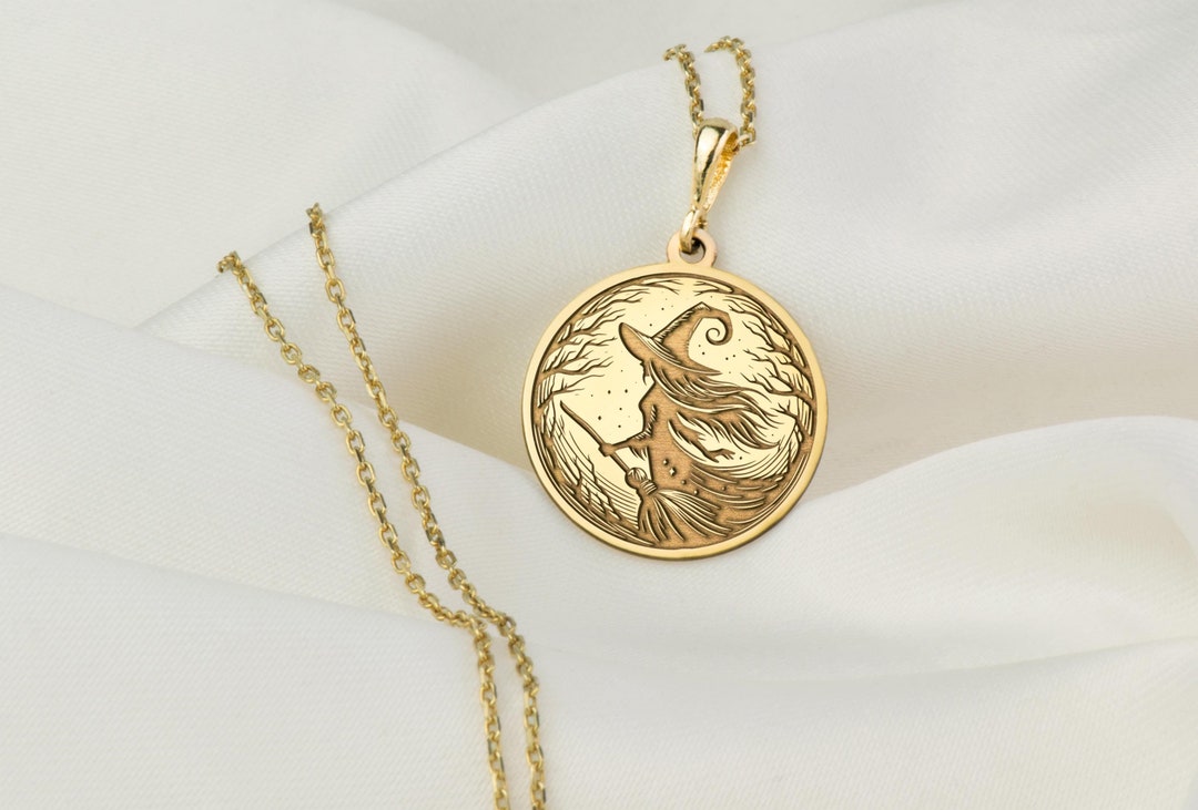 14K Gold Witch Pendant Necklace, Sterling Silver Charm, Halloween ...