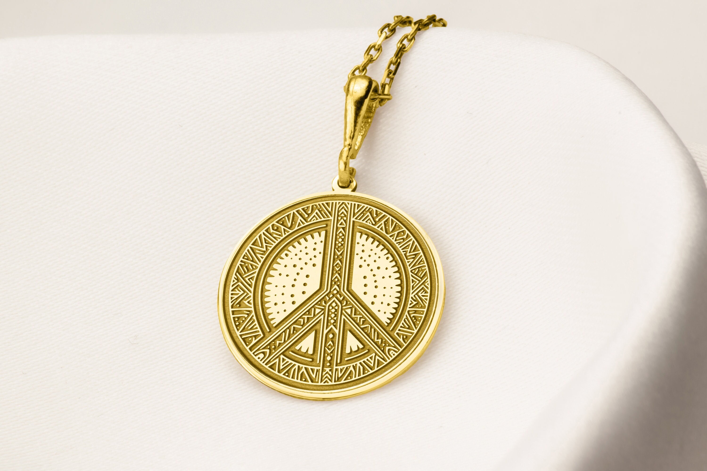 14K Solid Gold Peace Symbol Necklace, Rose Gold Peace Sign Pendant ...