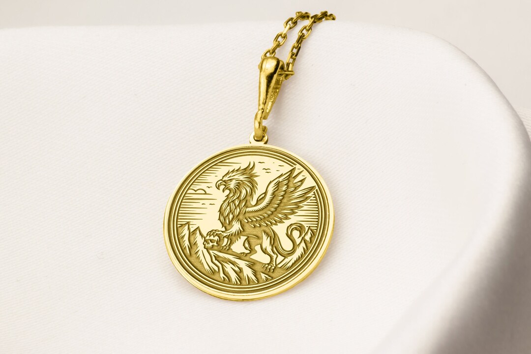 14K Solid Gold Griffin Necklace, Personalized Griffin Pendant, Gryphon ...