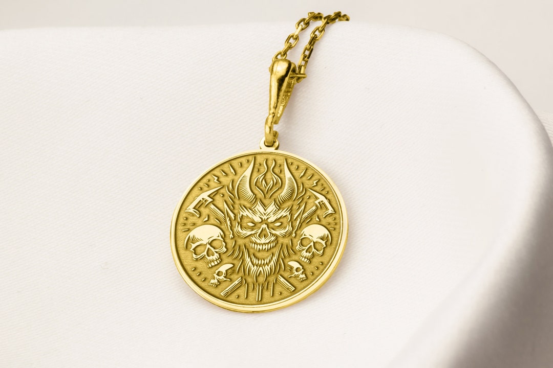 14K Solid Gold the Devil Necklace, Devil and Skulls Necklace With ...