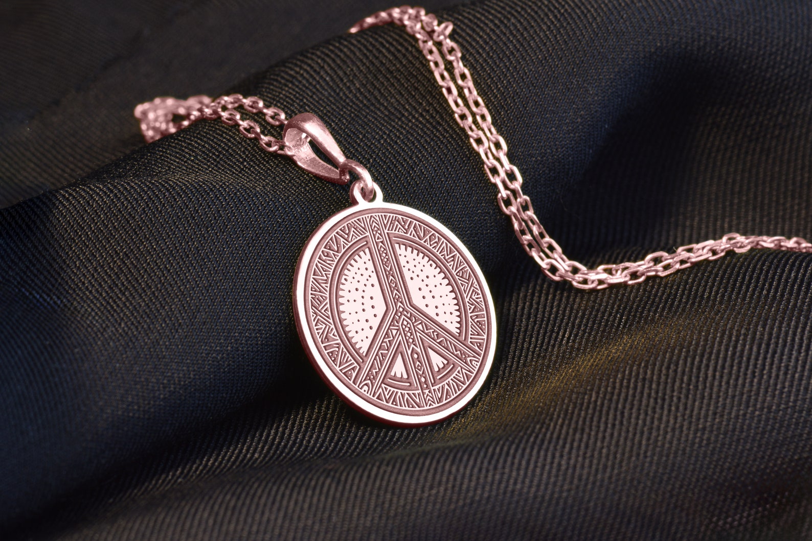 14K Solid Gold Peace Symbol Necklace, Rose Gold Peace Sign Pendant ...