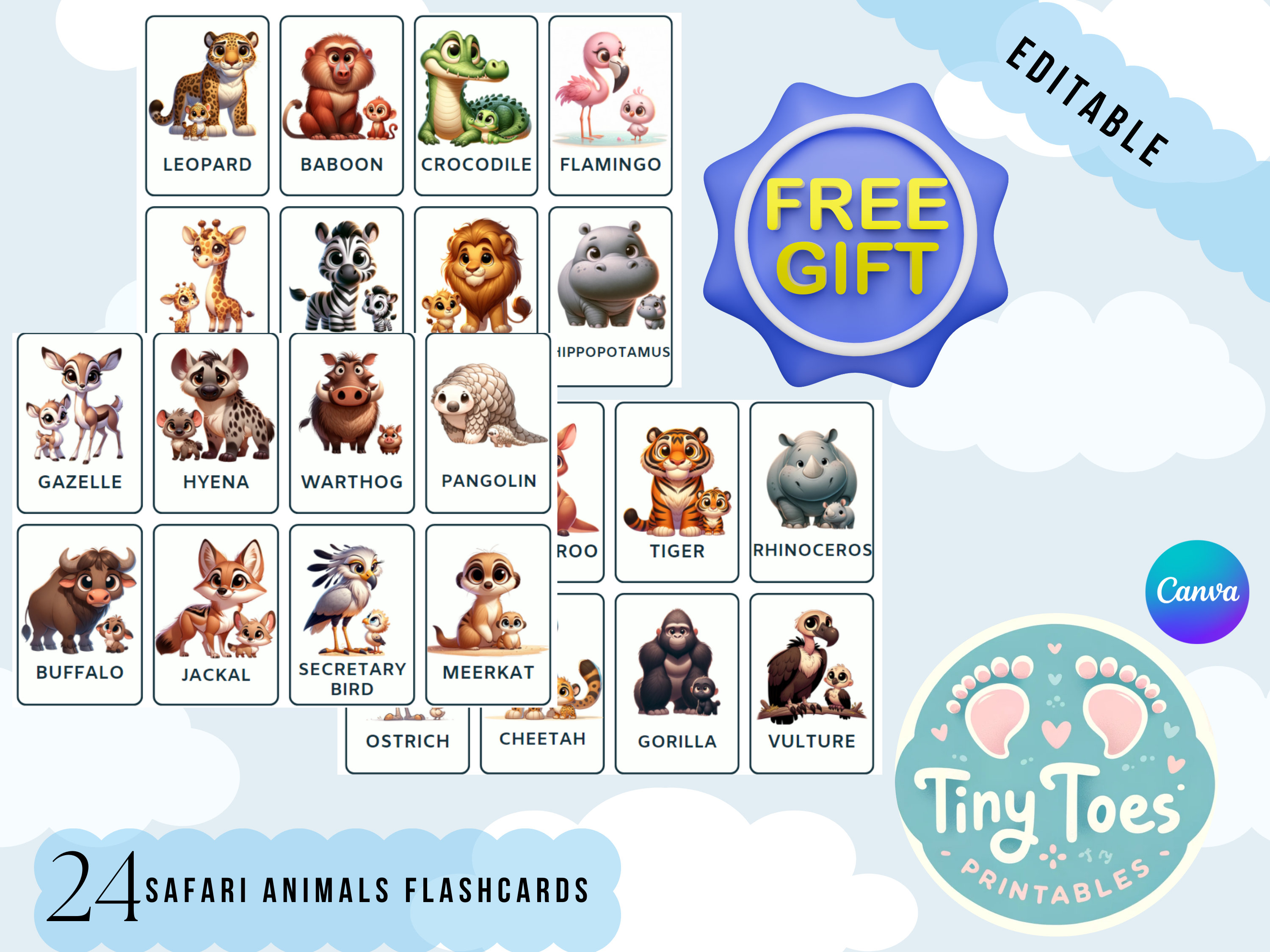 24 Safari Animals Flash Cards * Montessori Materials * Educational ...