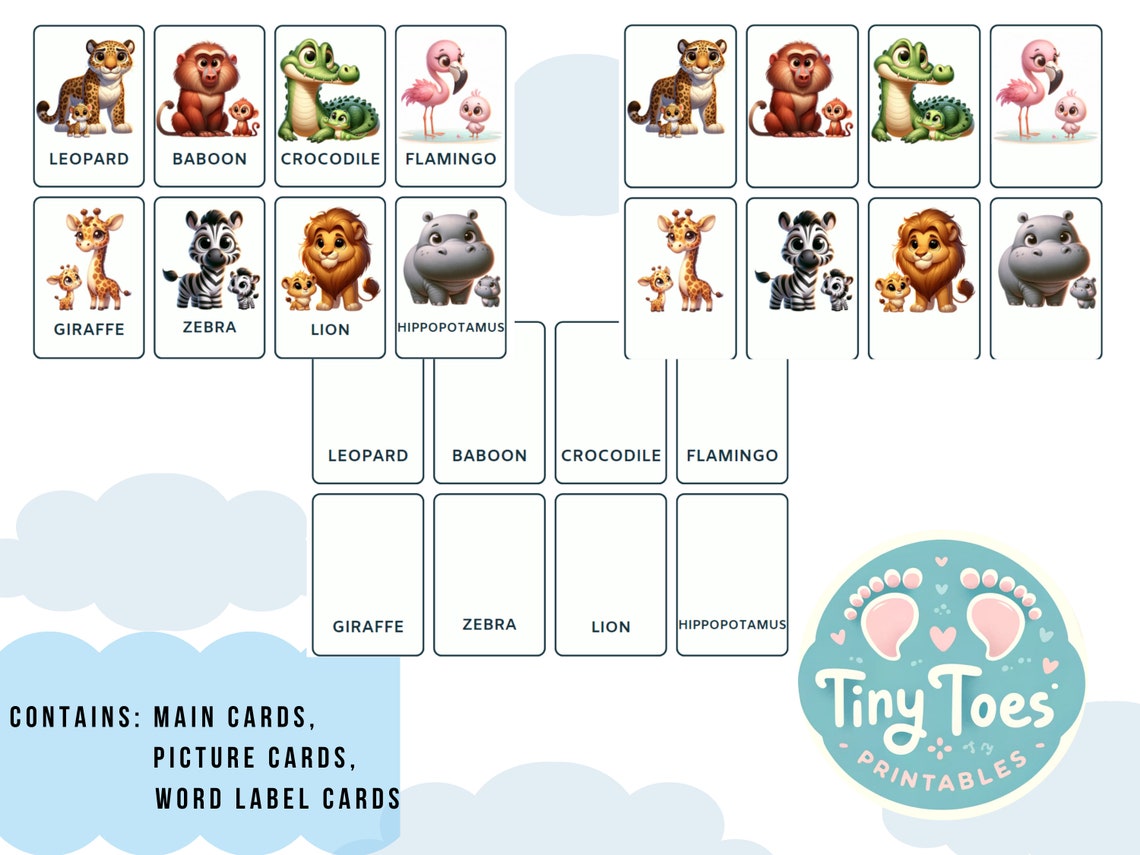 24 Safari Animals Flash Cards Montessori Materials Educational ...