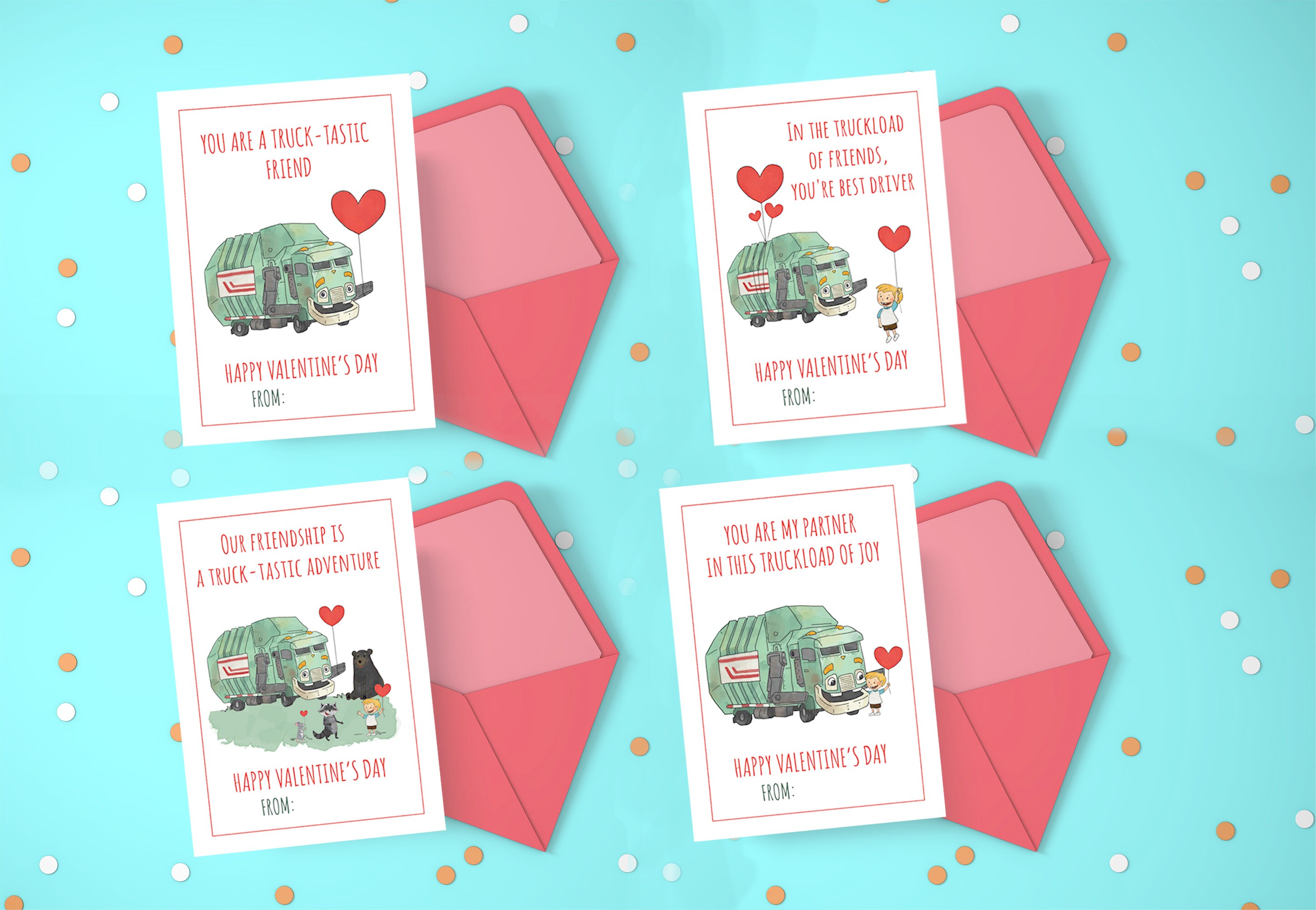 Trash Truck Show Valentines Cards Printable, Classroom Cards, Kids ...