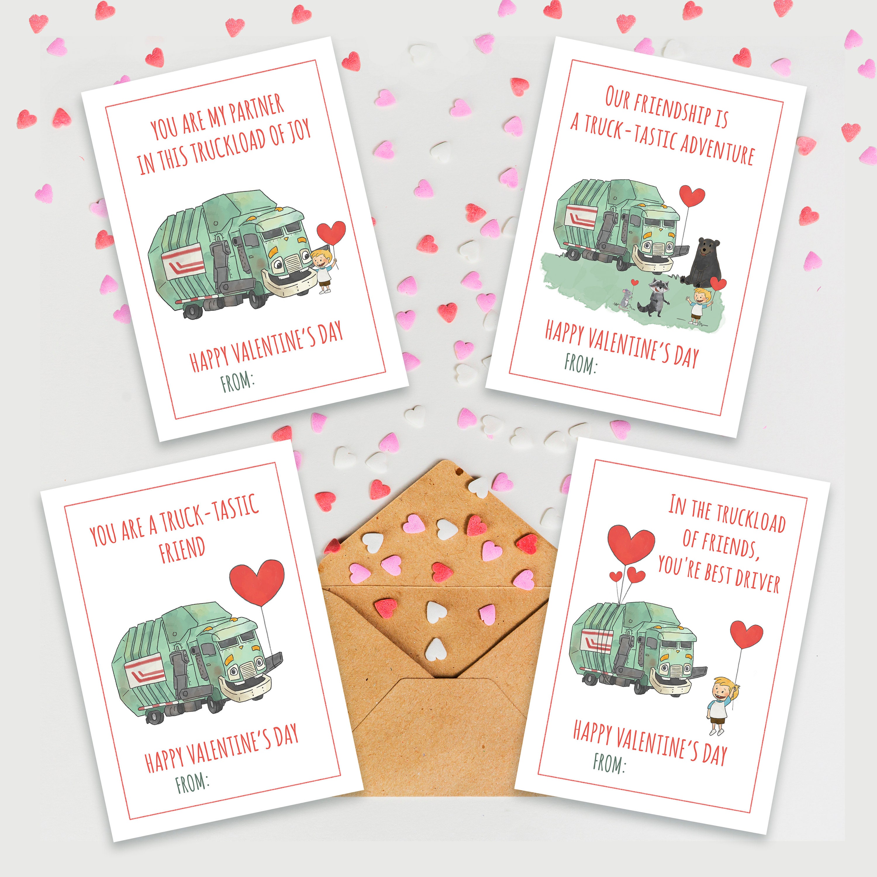 Trash Truck Show Valentines Cards Printable, Classroom Cards, Kids ...
