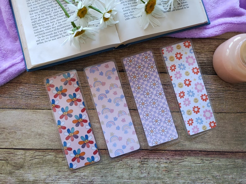 RETRO HAPPY FACE Flowers Bookmark Collection Double-sided Laminated ...