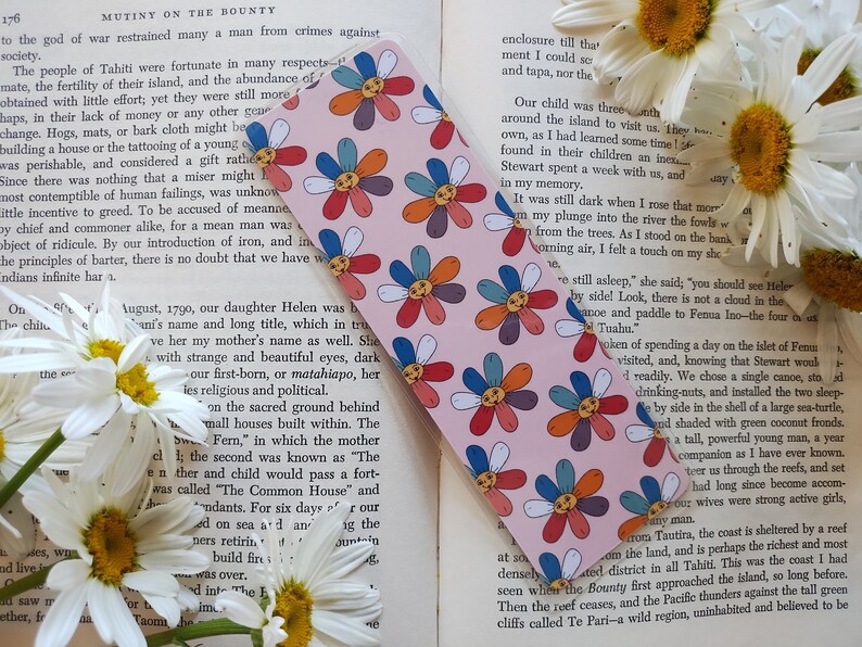 RETRO HAPPY FACE Flowers Bookmark Collection Double-sided Laminated ...