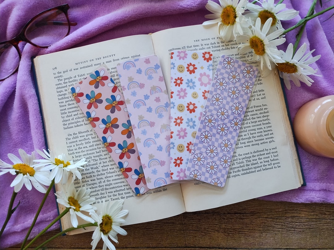 RETRO HAPPY FACE Flowers Bookmark Collection Double-sided Laminated ...
