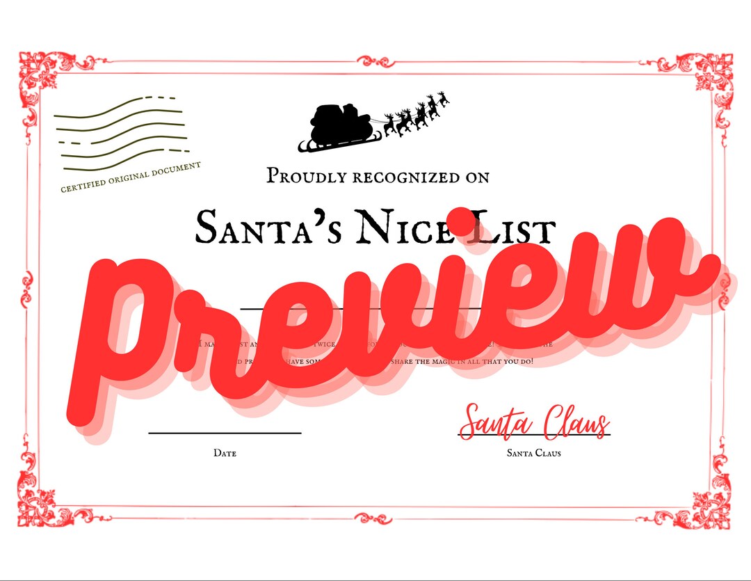 Santas Nice List Certificate digital Printable Christmas Official ...