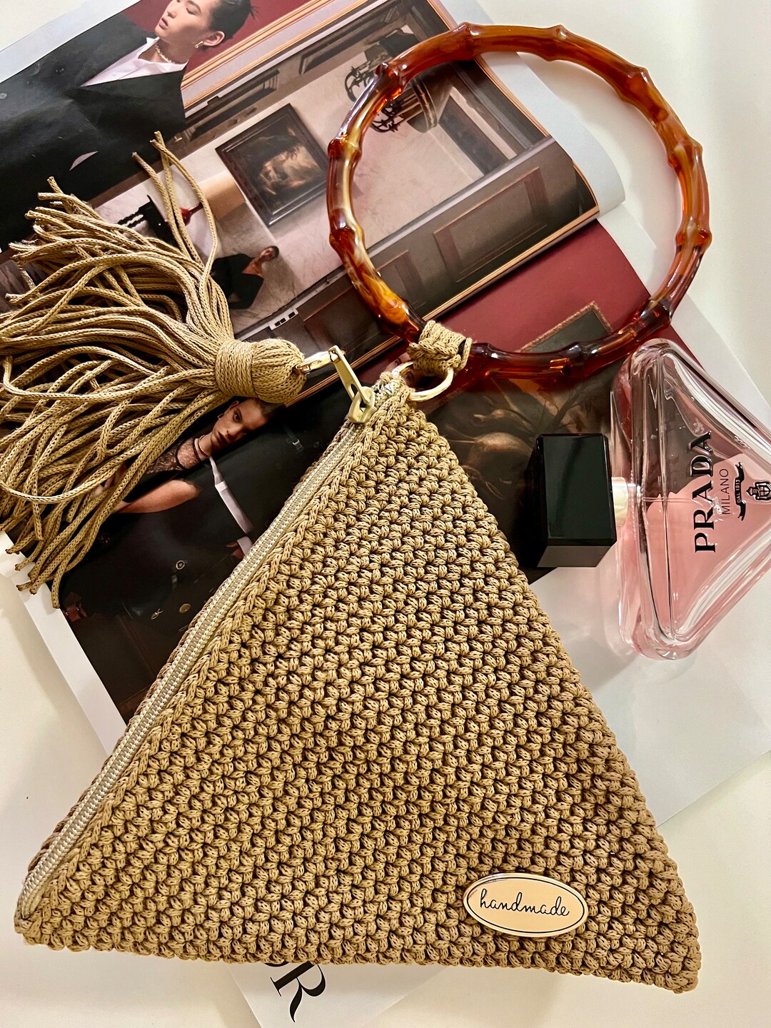 Handmade Crochet Pyramid Handbag: Sandy Beige Clutch With Gold Accents ...