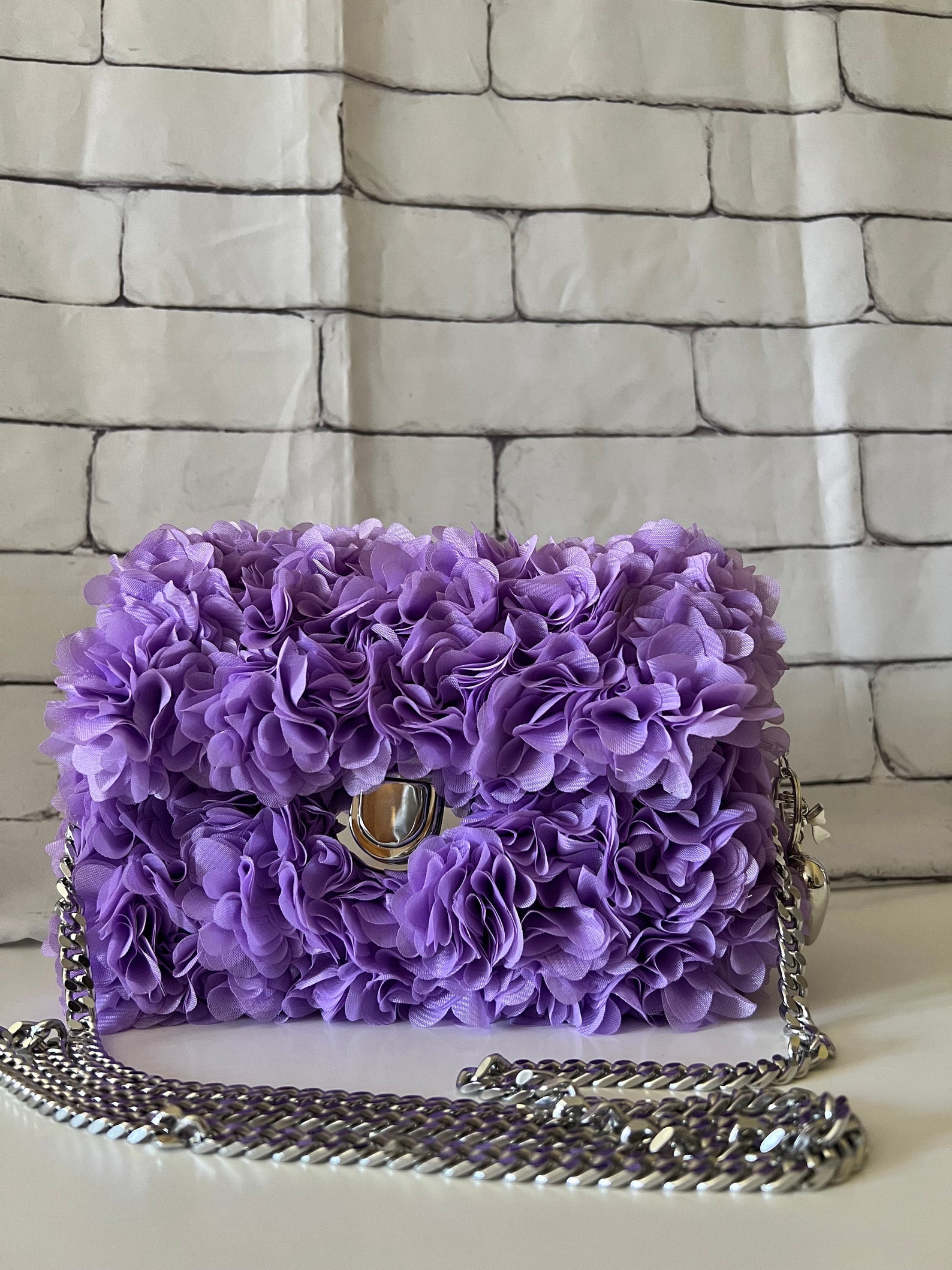 Handmade Purple Flower Chiffon Handbag W Silver Chain Strap & Heart ...